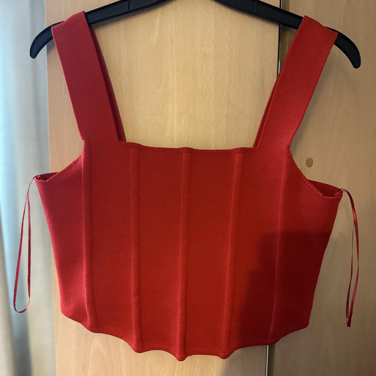 Red cropped ribbed corset style top, super cute and... - Depop