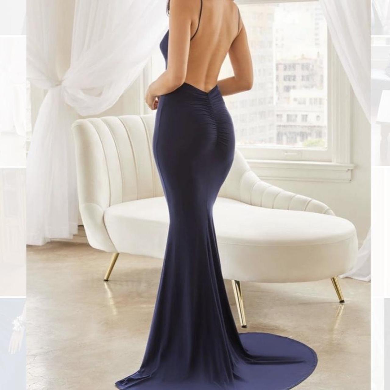 Navy backless knot detail fishtail prom dress from... - Depop