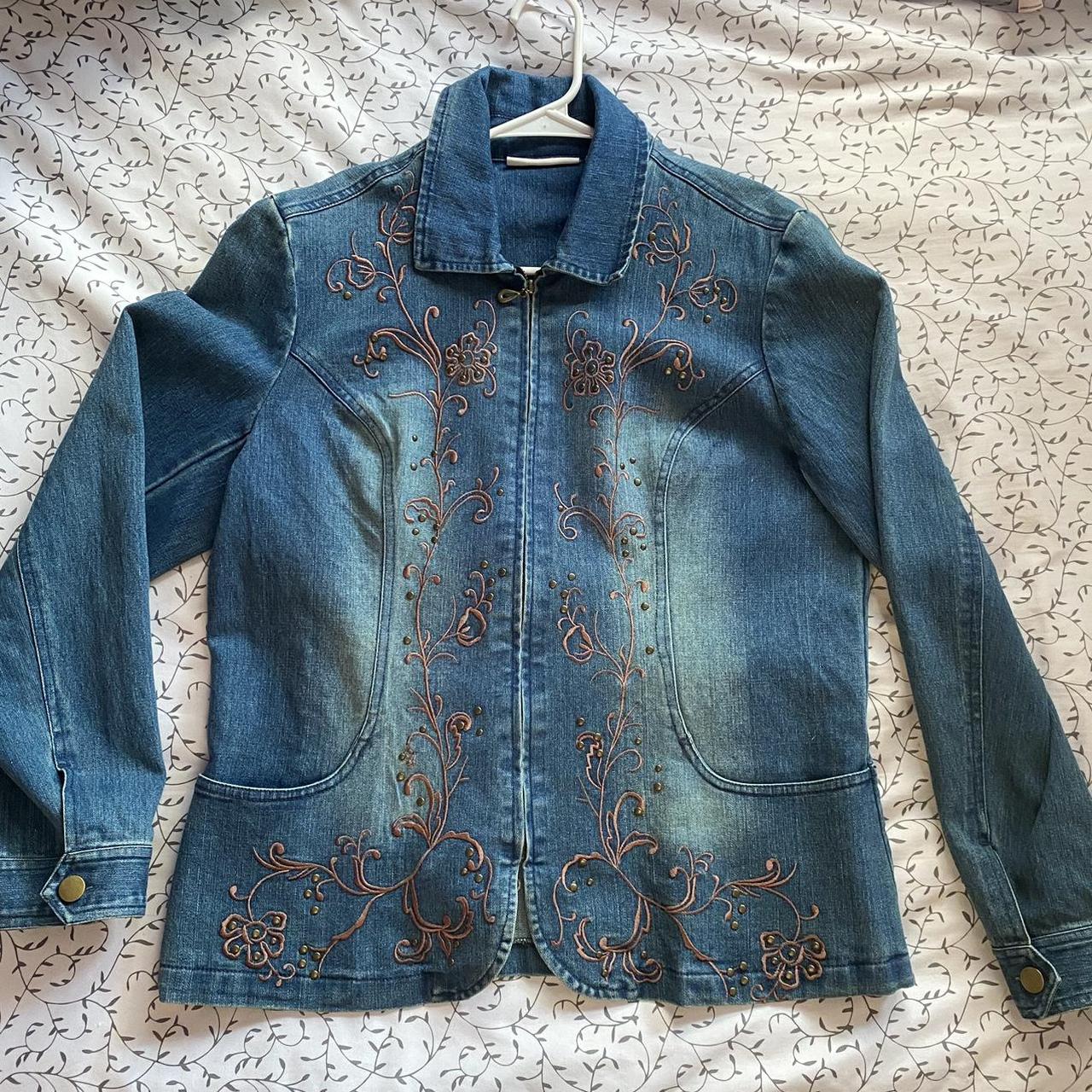 Vintage zip up jean jacket with pink embroidery... - Depop