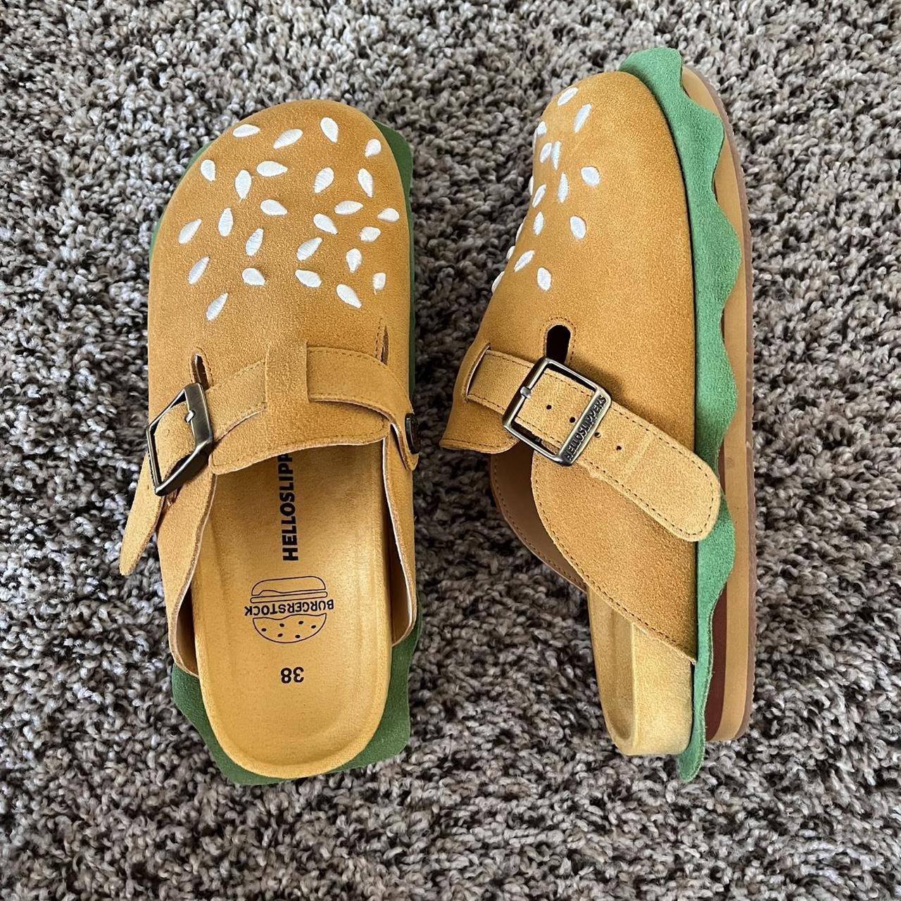 Tan and white suede clogs with a cute burger design!... - Depop