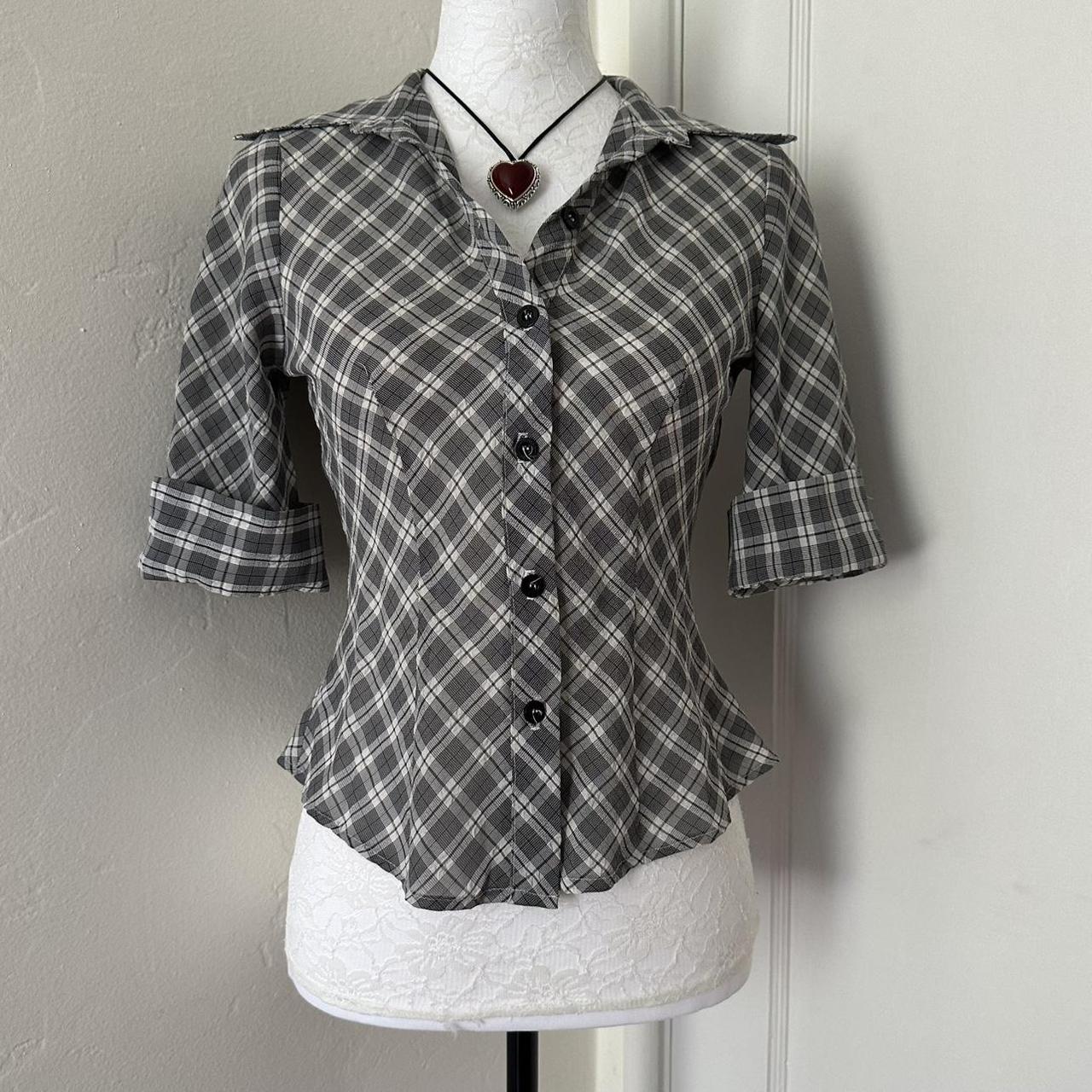 vintage office siren plaid button down top sheer... - Depop