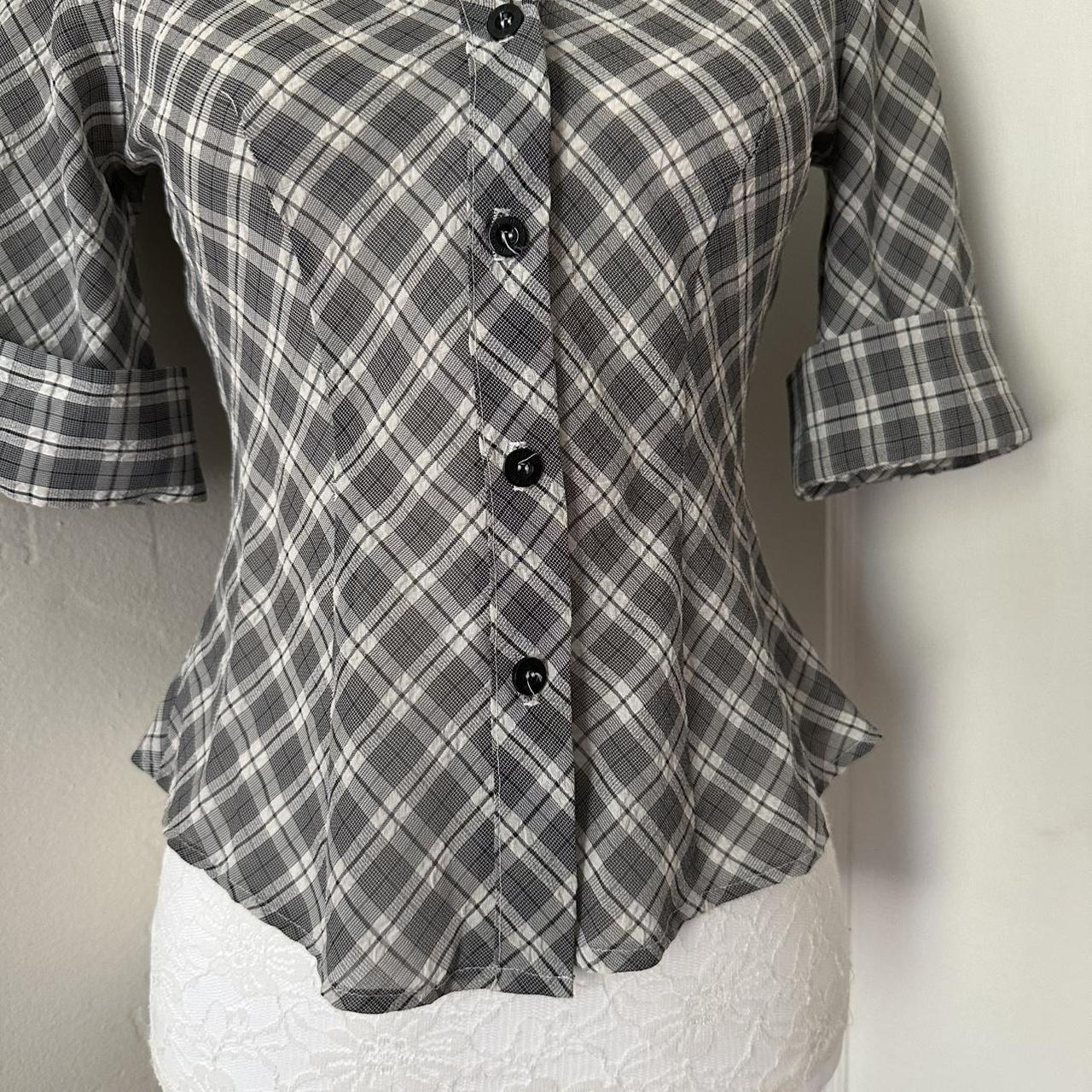 vintage office siren plaid button down top sheer... - Depop