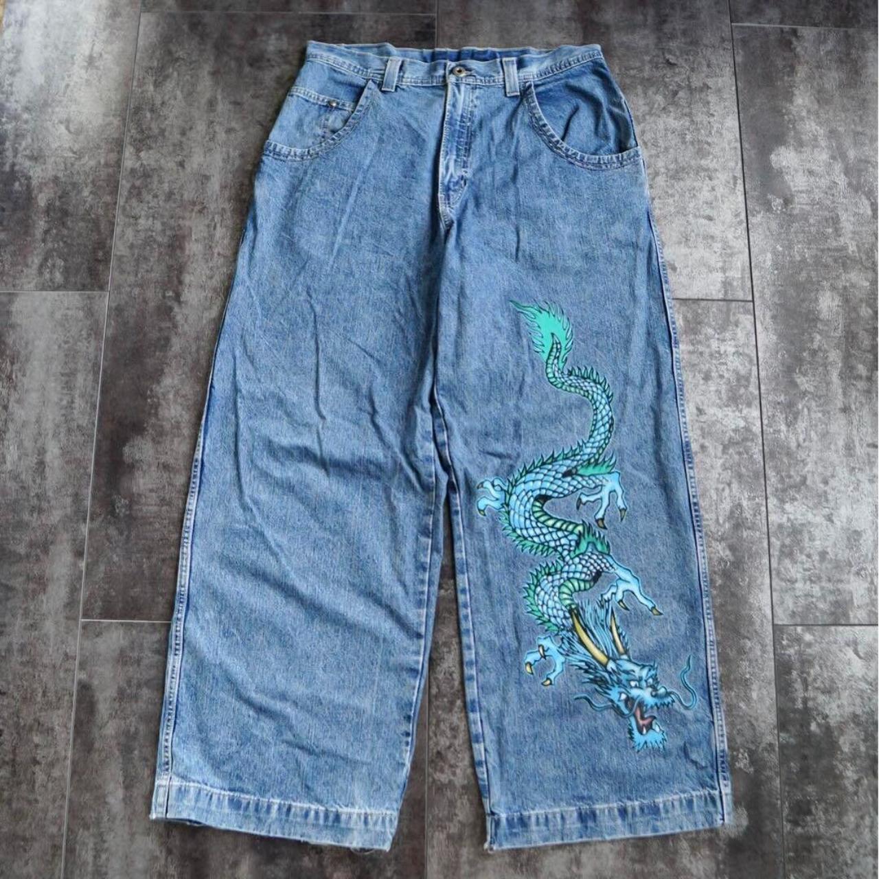 JNCO JEANS Baggy Wide Blue Denim Dragon Design W36... - Depop