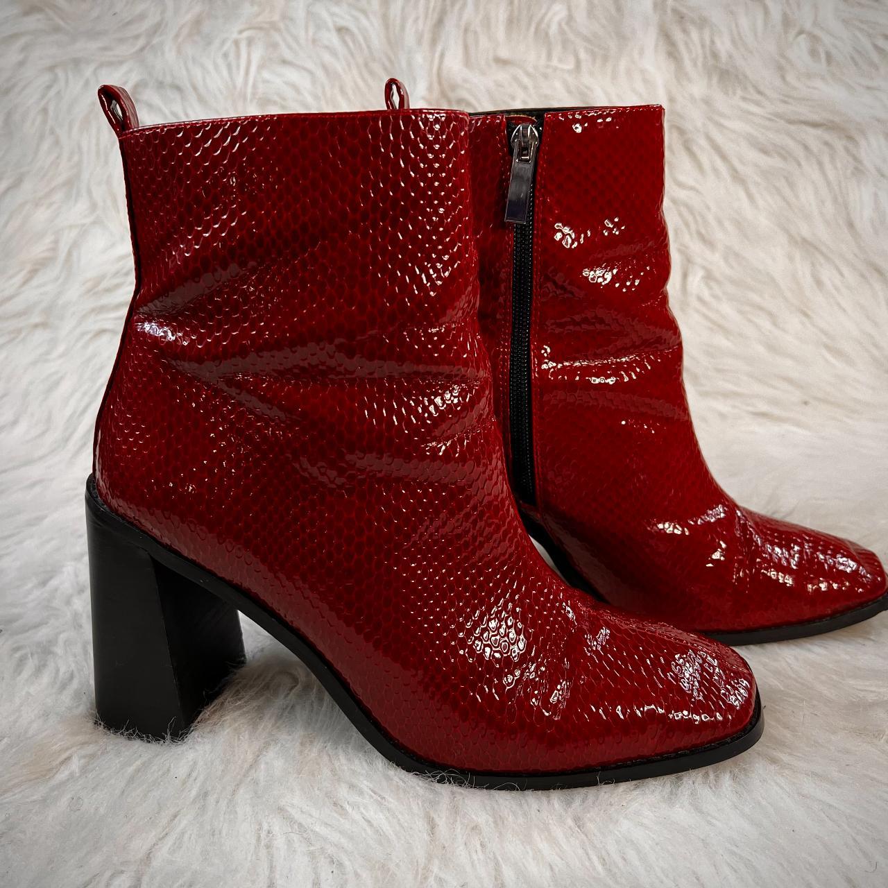 ALDO Red patent snake print ankle boots with heel... - Depop