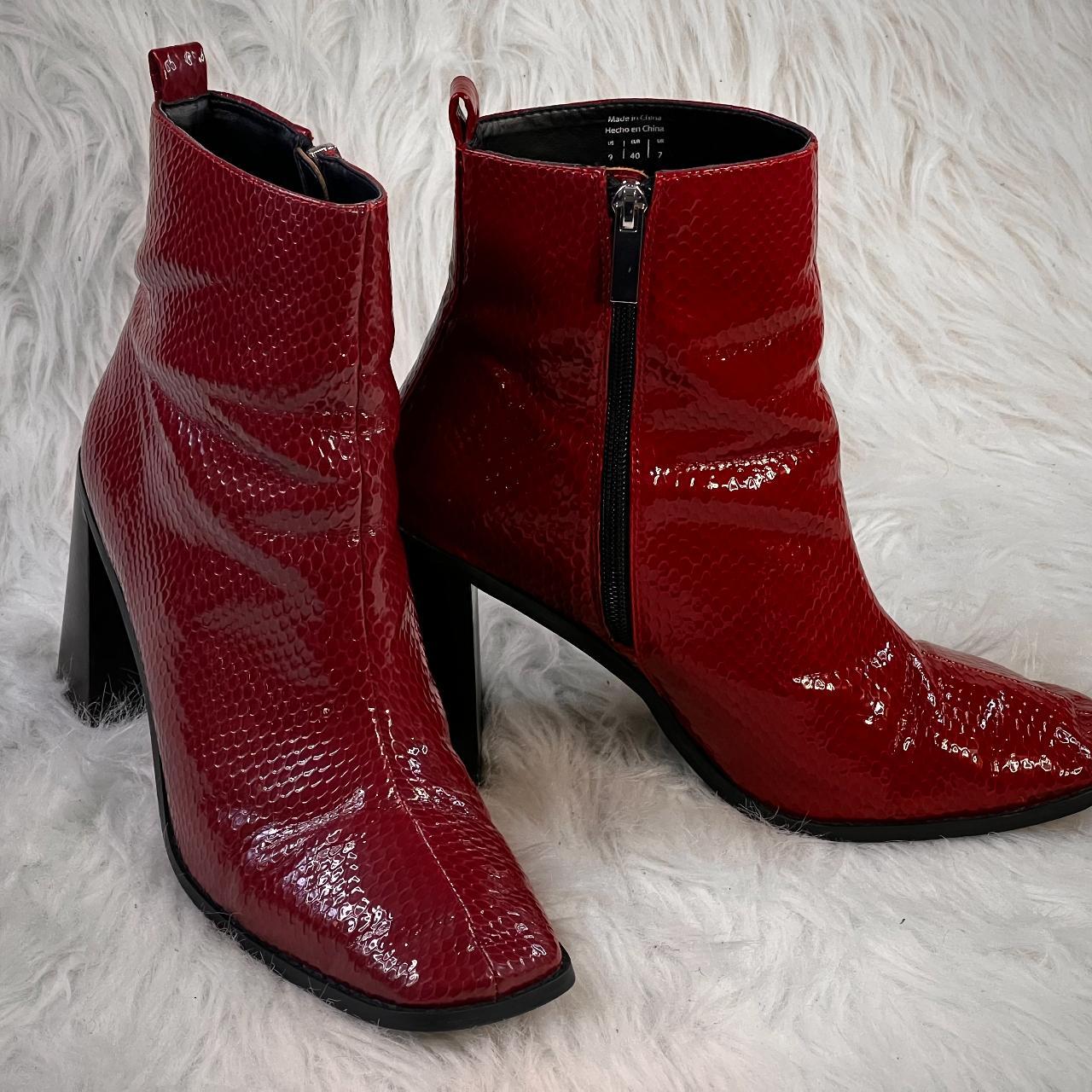 ALDO Red patent snake print ankle boots with heel... - Depop