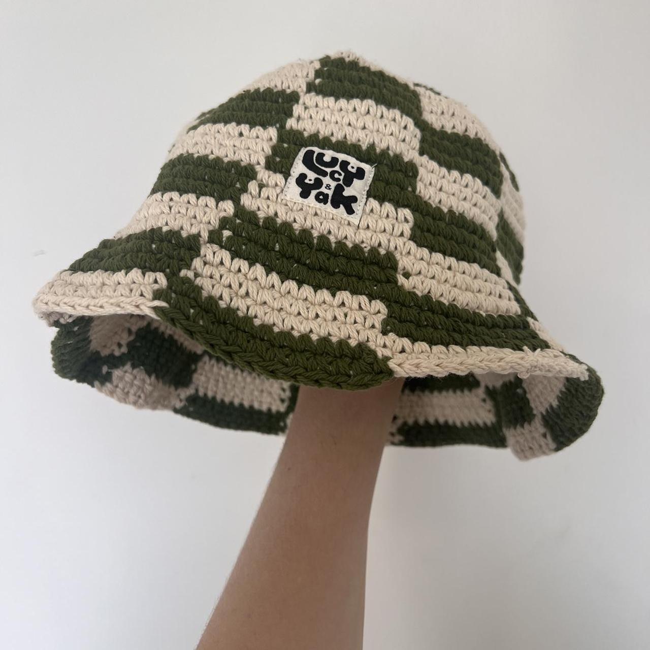 Lucy & Yak green and beige crochet woven bucket hat.... - Depop