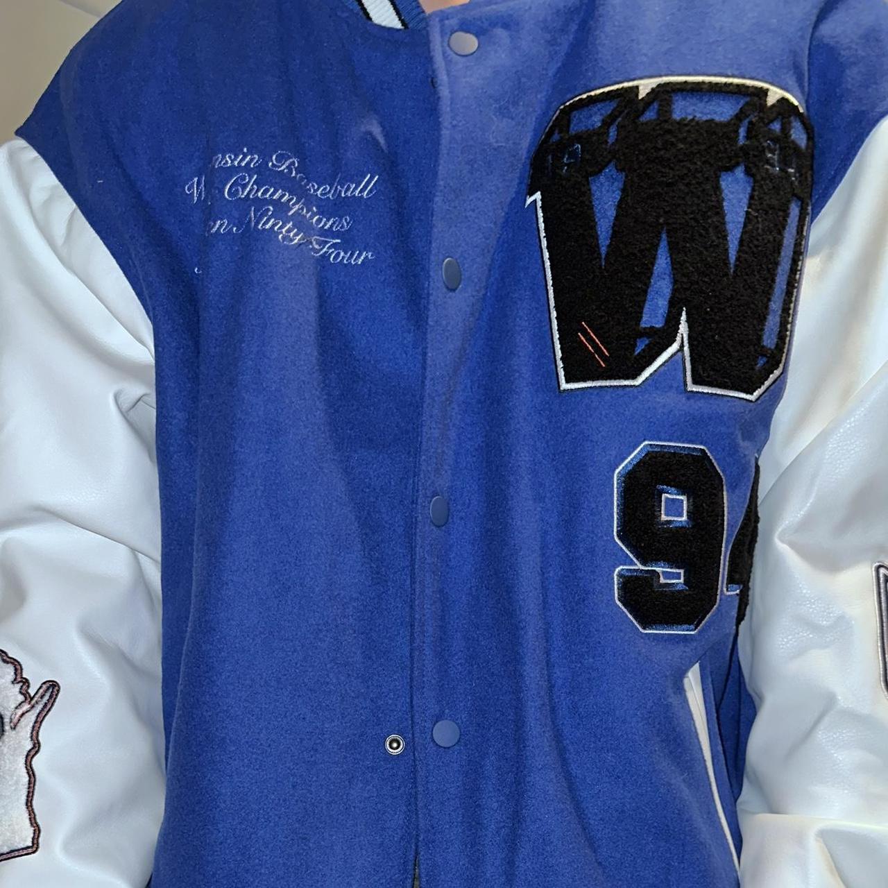 blue varsity jacket - Depop