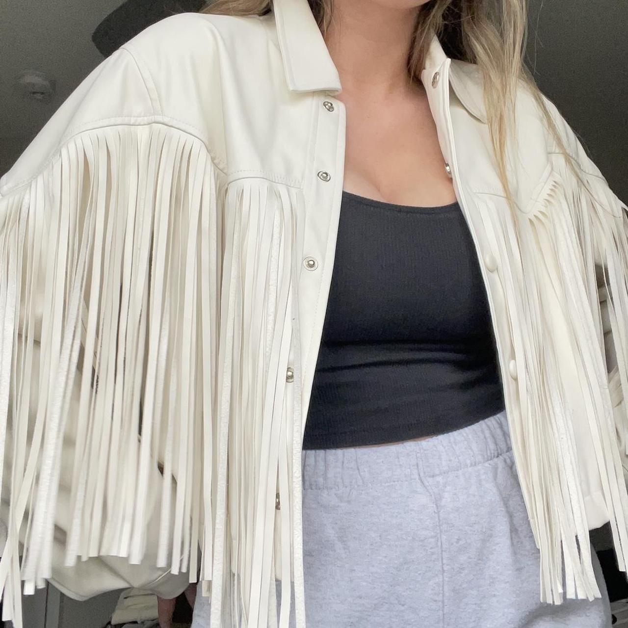 White faux leather western jacket with tassels.... - Depop