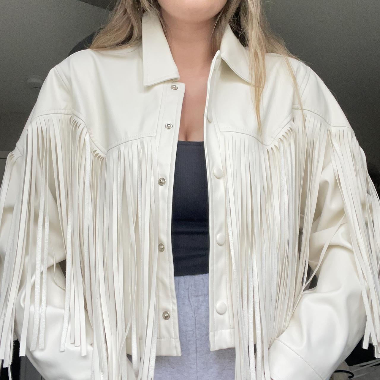 White faux leather western jacket with tassels.... - Depop
