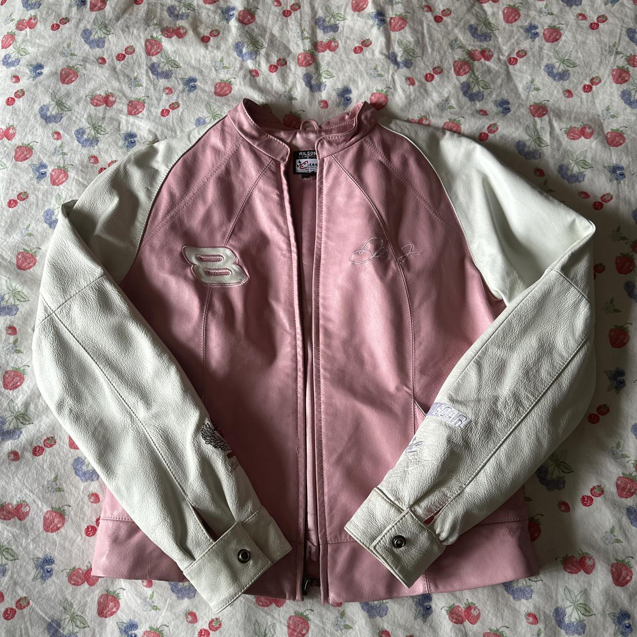 Pink racing jacket🩷🤍 some signs of wear, included in... - Depop