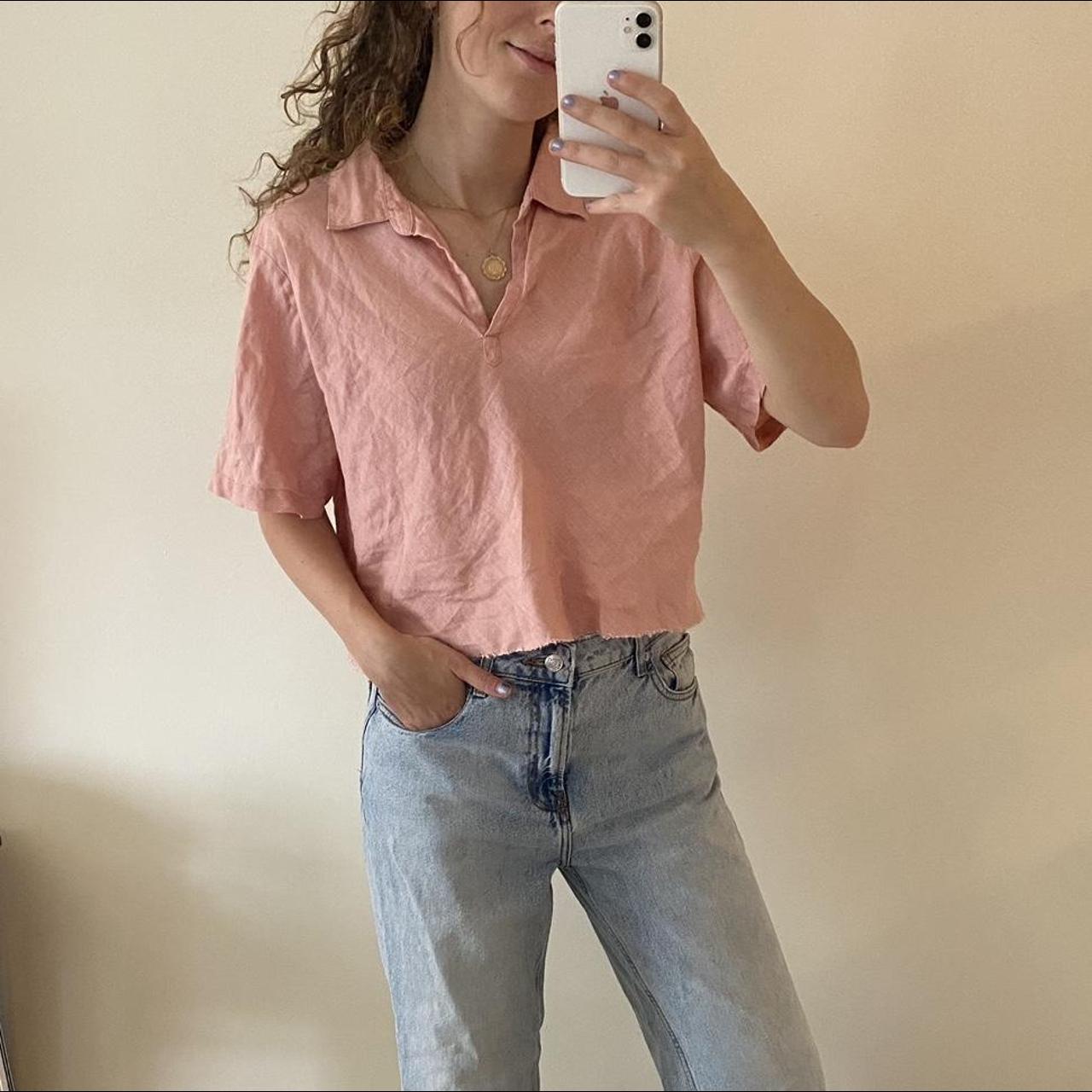 Cropped linen peach colored top with collar... - Depop