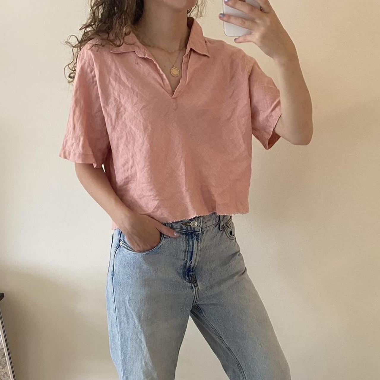 Cropped linen peach colored top with collar... - Depop