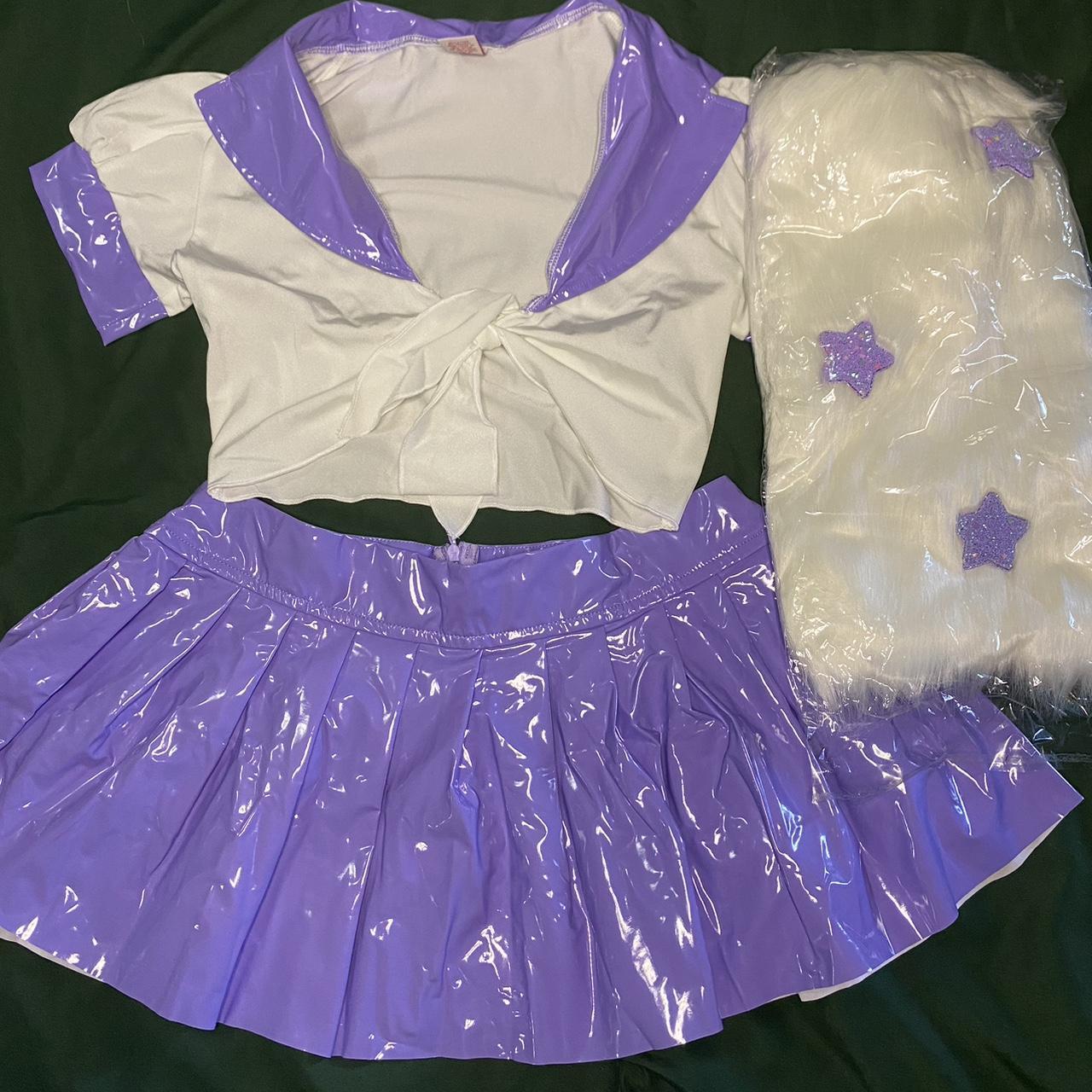 Pvc pastel school girl uniform with fuzzy legwarmers... - Depop