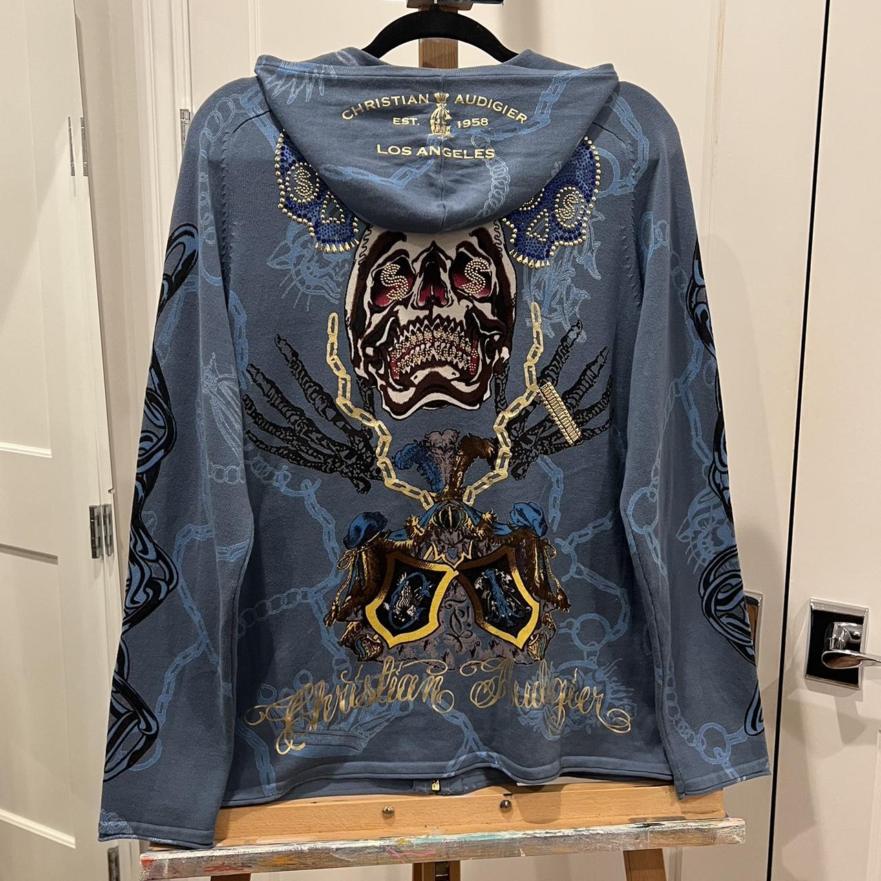 christian audigier zip-up hoodie in a cool blue... - Depop
