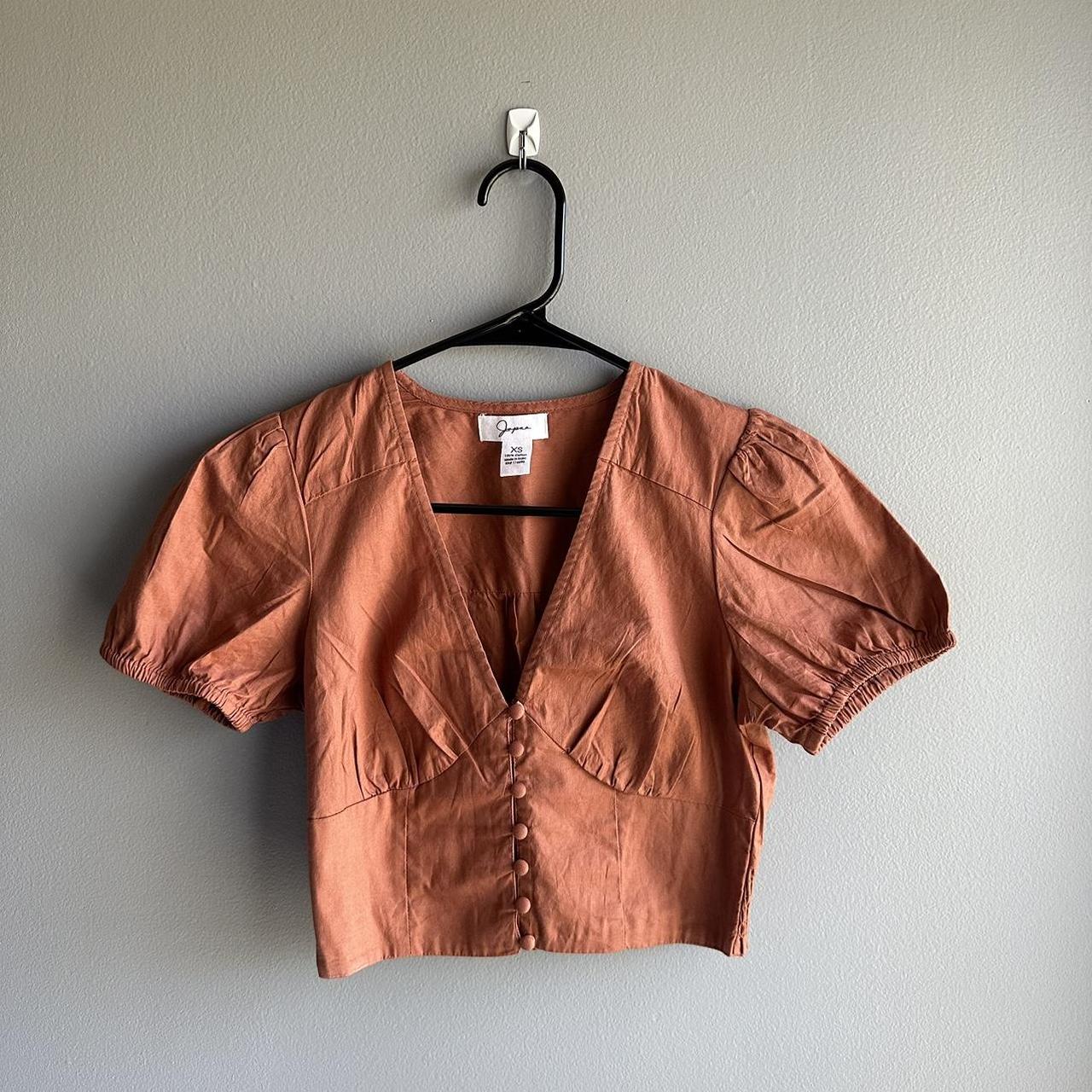 Rust cropped button up top. Cinched at the sleeves... - Depop
