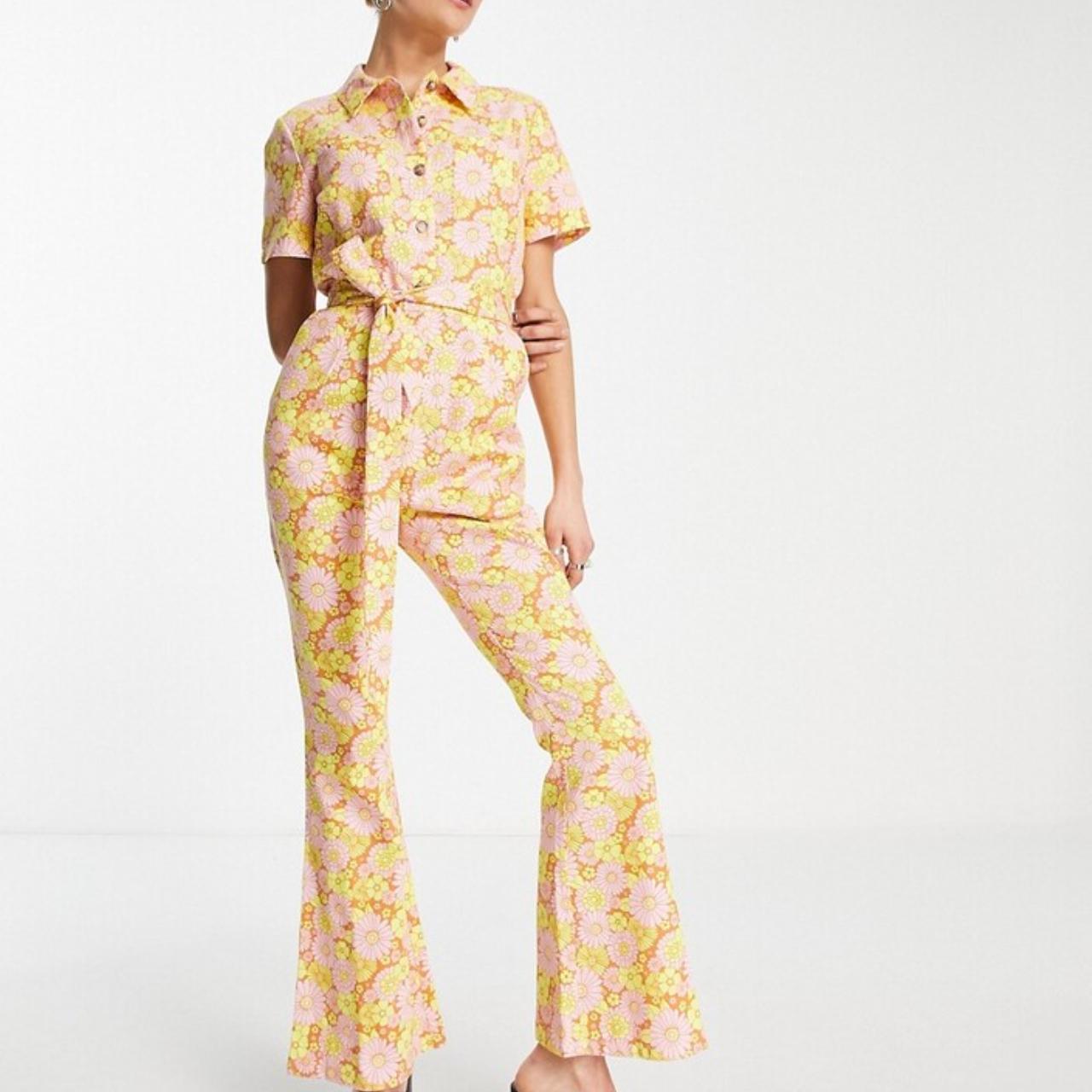 ASOS DESIGN Twill 70S Kickflare boilersuit in pink... - Depop