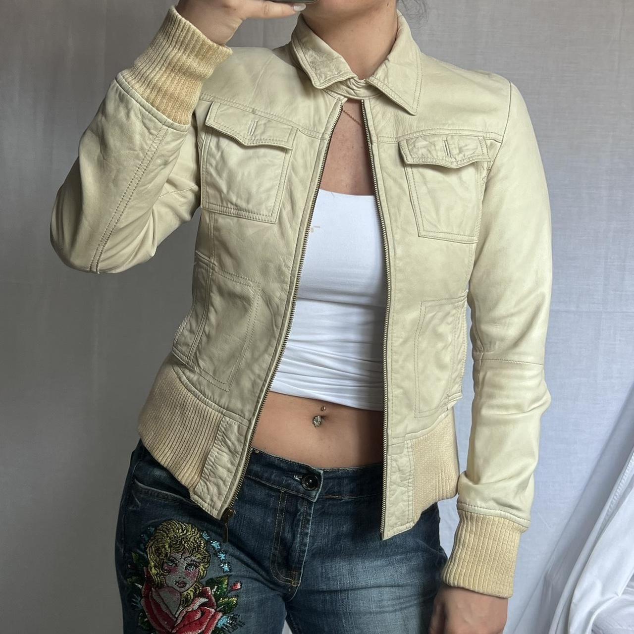 Cream zip up leather jacket 100% leather With... - Depop