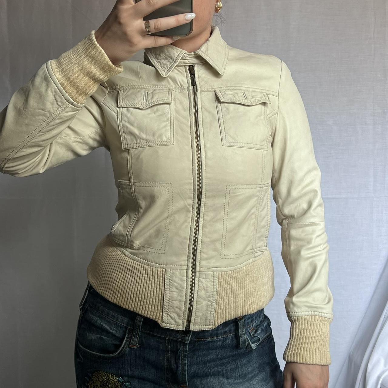 Cream zip up leather jacket 100% leather With... - Depop