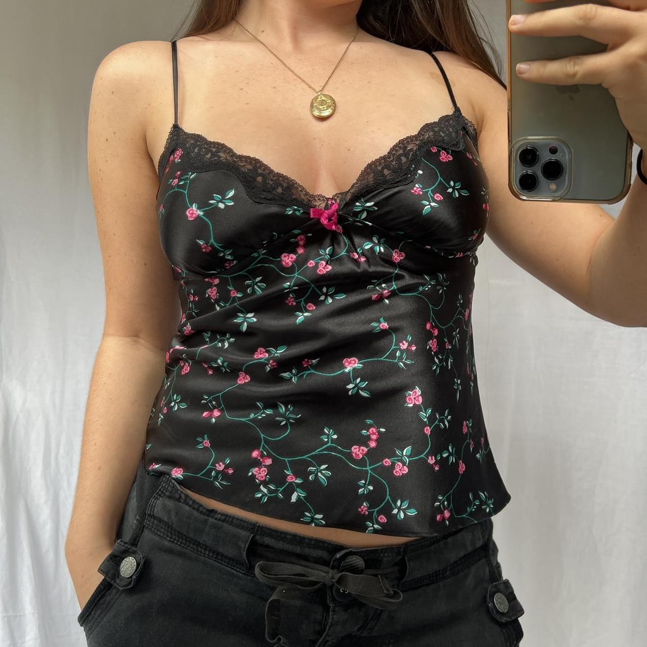 vintage floral lace cami with a bow Black with pink... - Depop