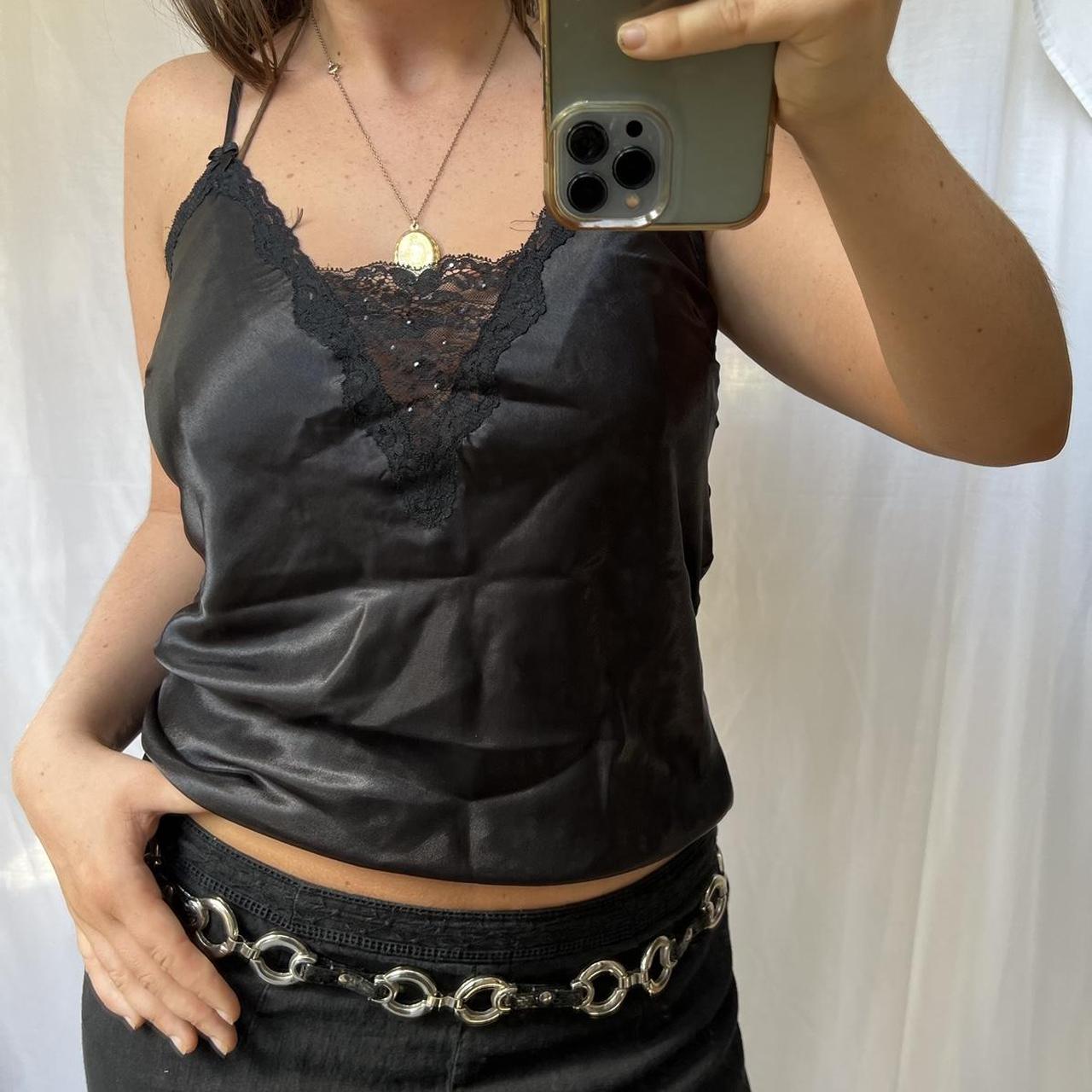 vintage black satin lace cami Open back Lace... - Depop