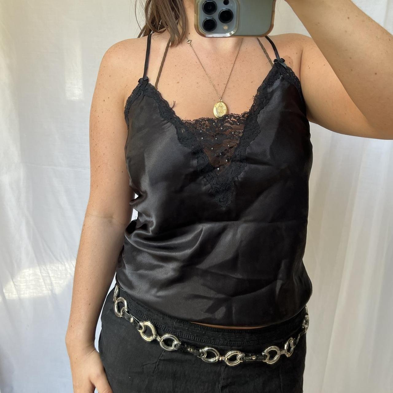 vintage black satin lace cami Open back Lace... - Depop