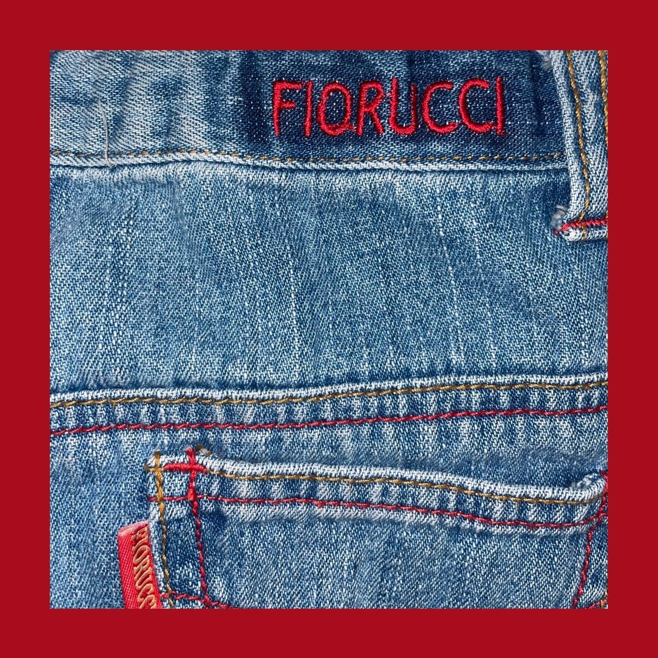 Fiorucci denim mini skirt, with red stitch detailing... - Depop