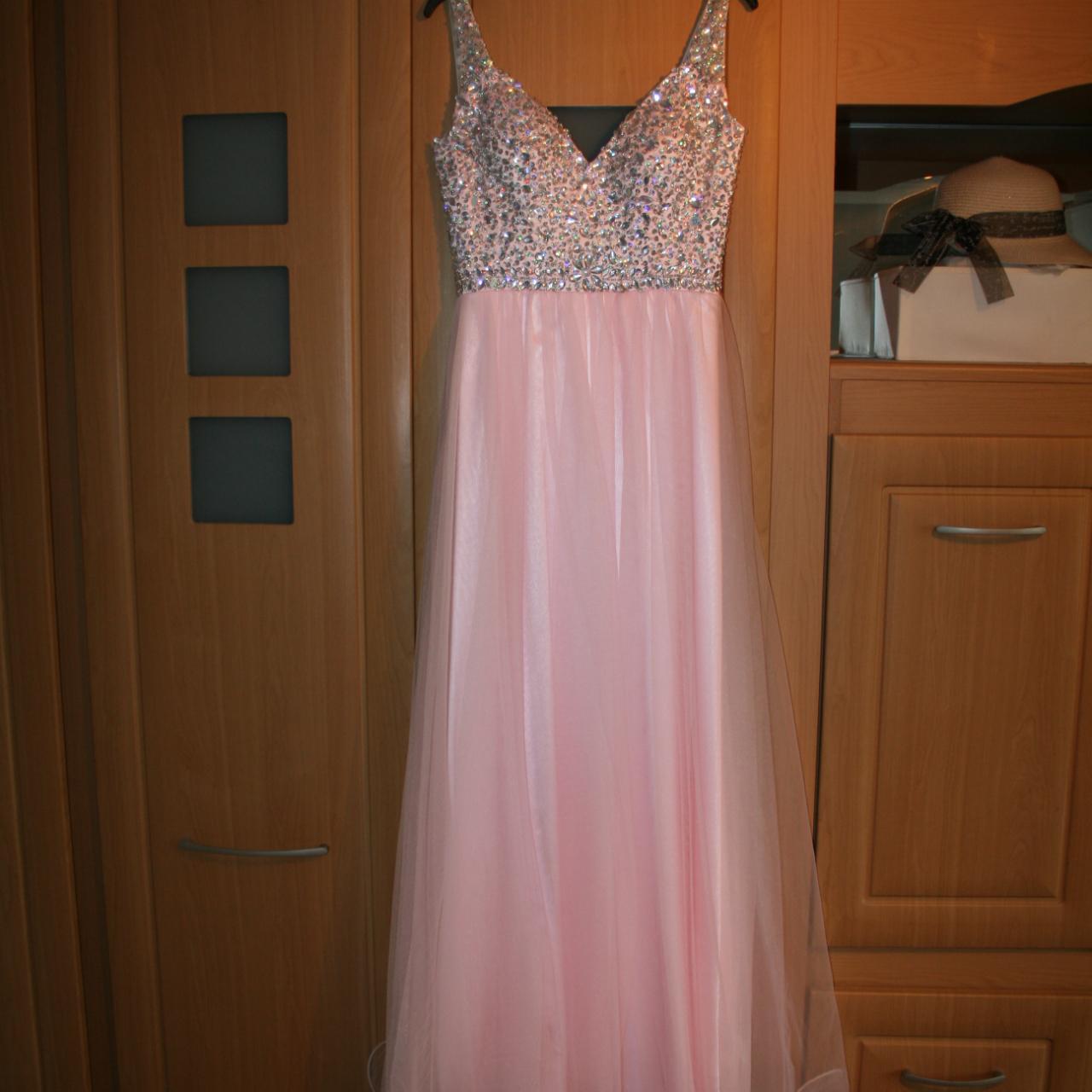 Pink Prom Dress with gem embellishment size 6 Pink... - Depop
