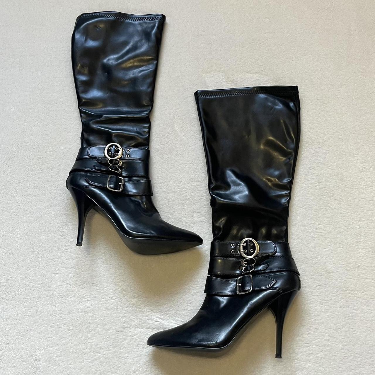 90’s / Y2K stiletto heel black buckle boots with... - Depop