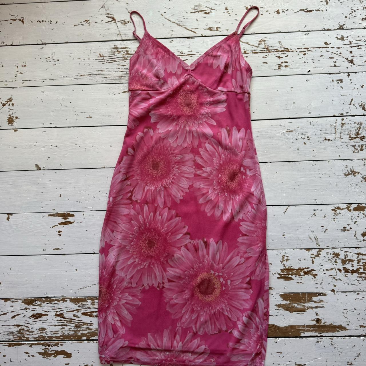 Vintage y2k 90s Express Pink floral mesh midi dress... - Depop