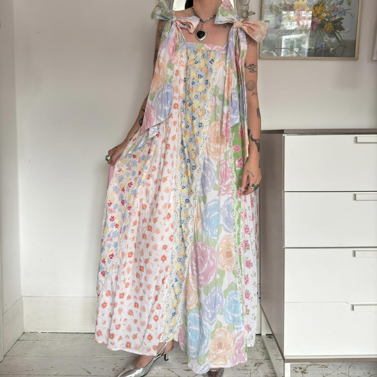 Patchwork boho maxi dress with adjustable bow tie... - Depop