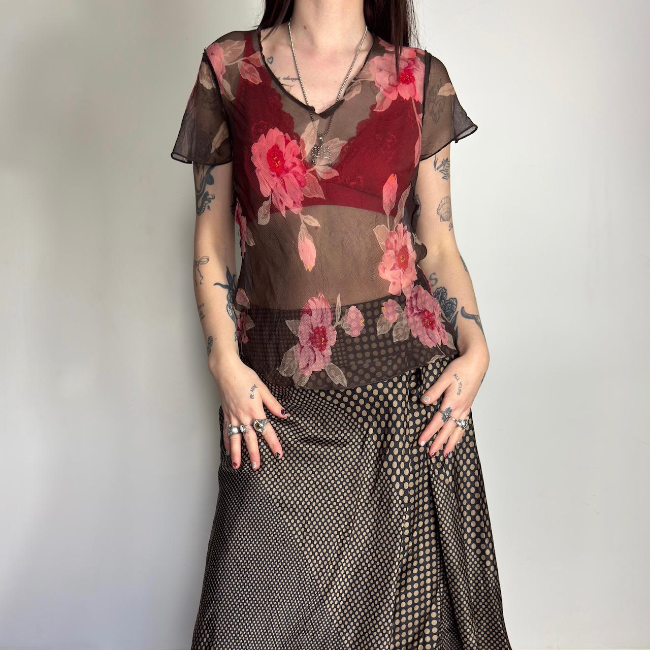 Pretty vintage 90s brown sheer blouse with all over... | Depop