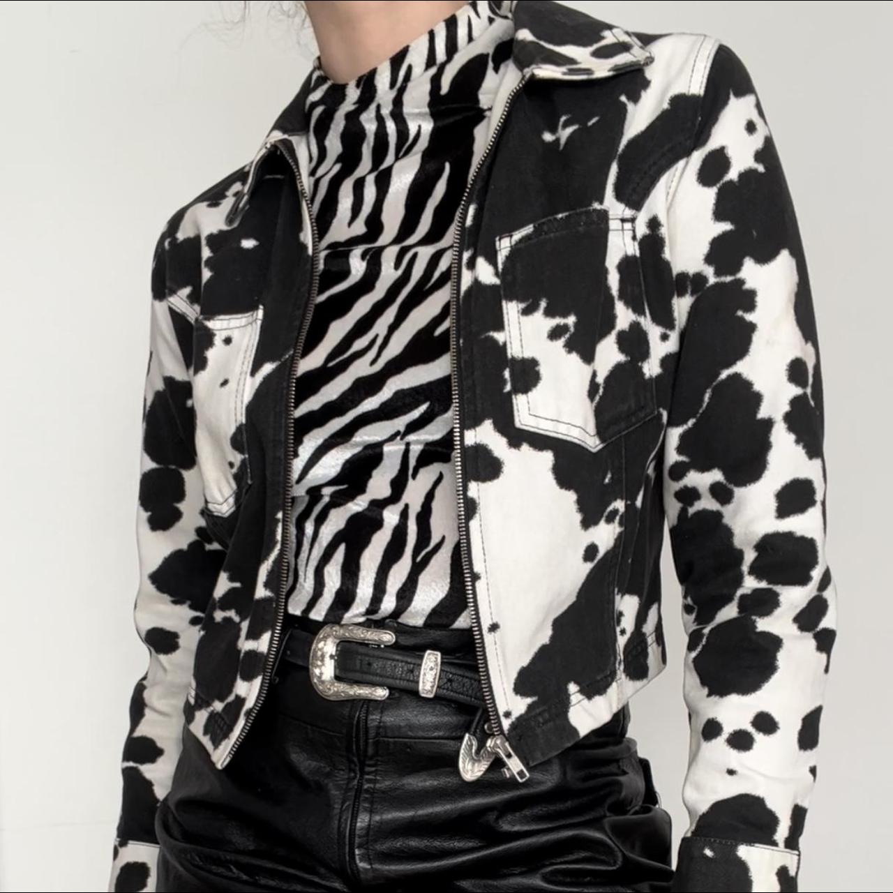 Cow print denim jacket with zip up opening and front... - Depop