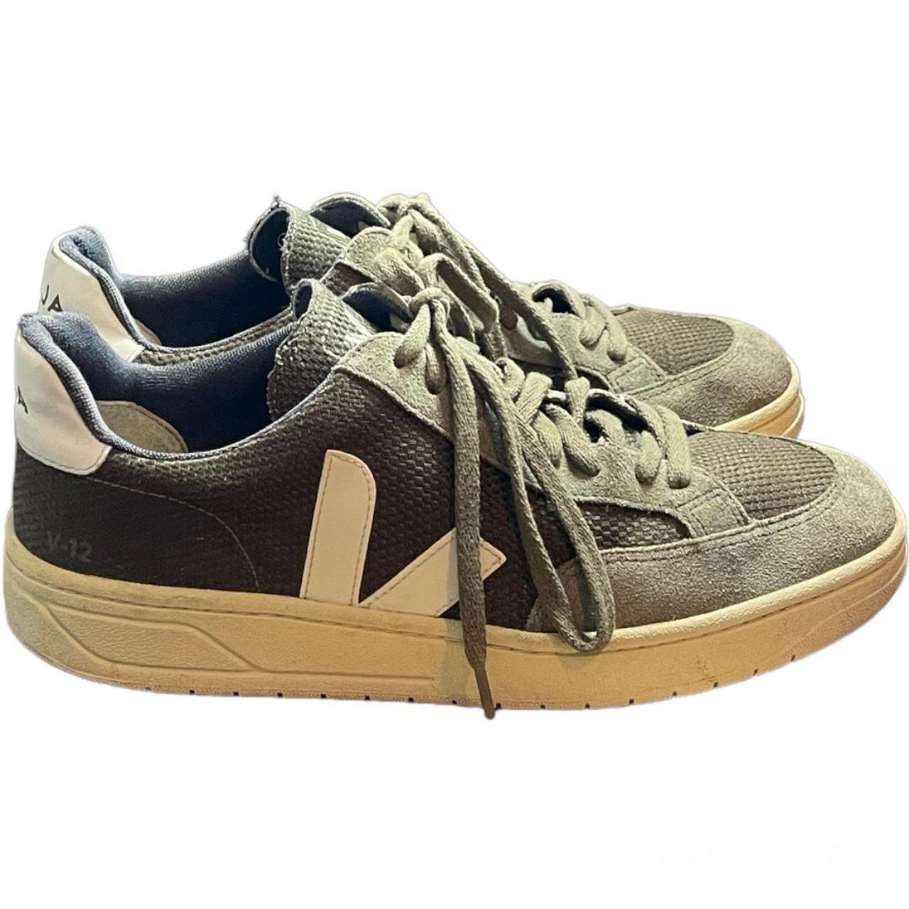 Veja V-12 Vegan B-Mesh Olive/White Size 10 preowned... - Depop