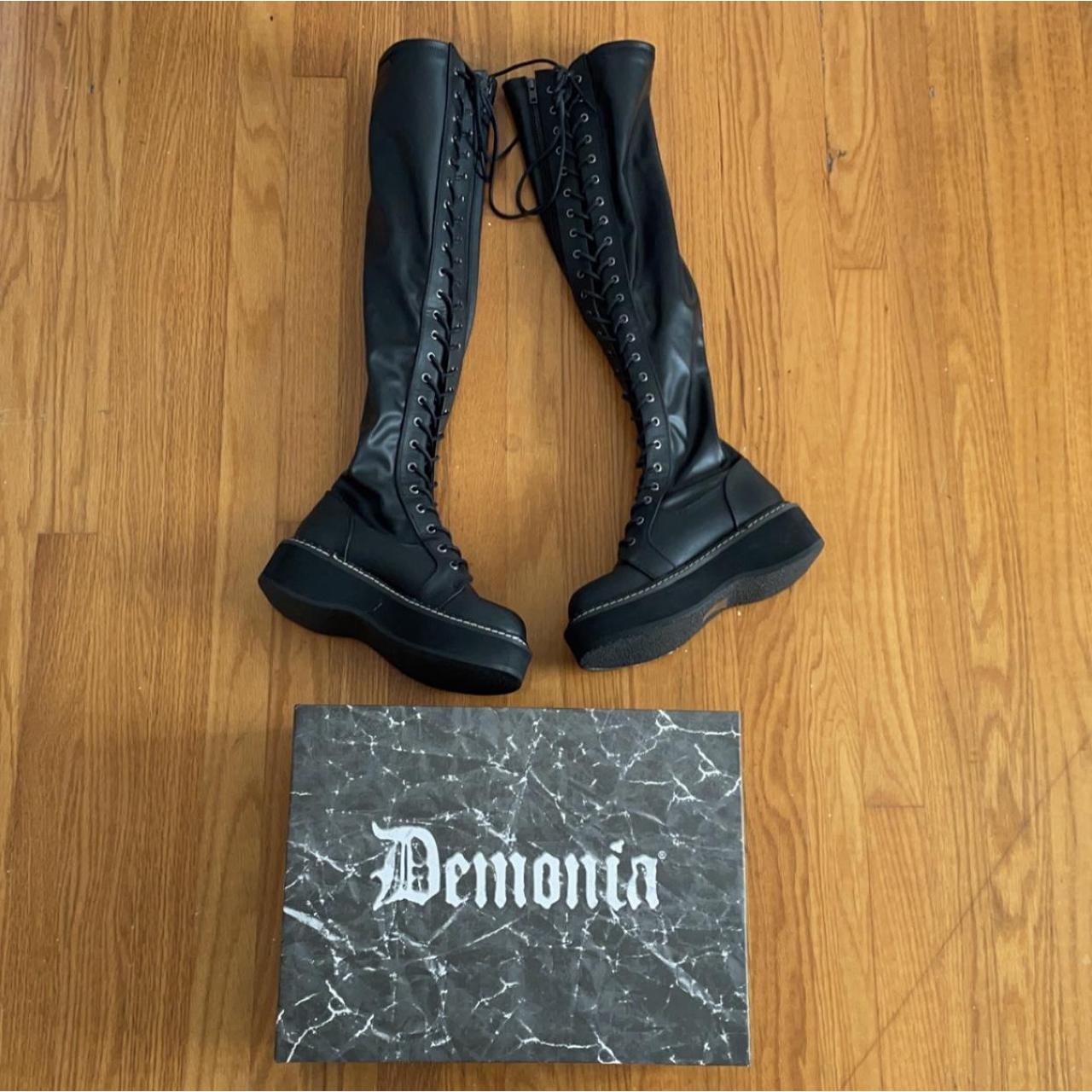 DEMONIA EMILY-375 THIGH HIGH VEGAN LEATHER BOOTS ⚰️... - Depop