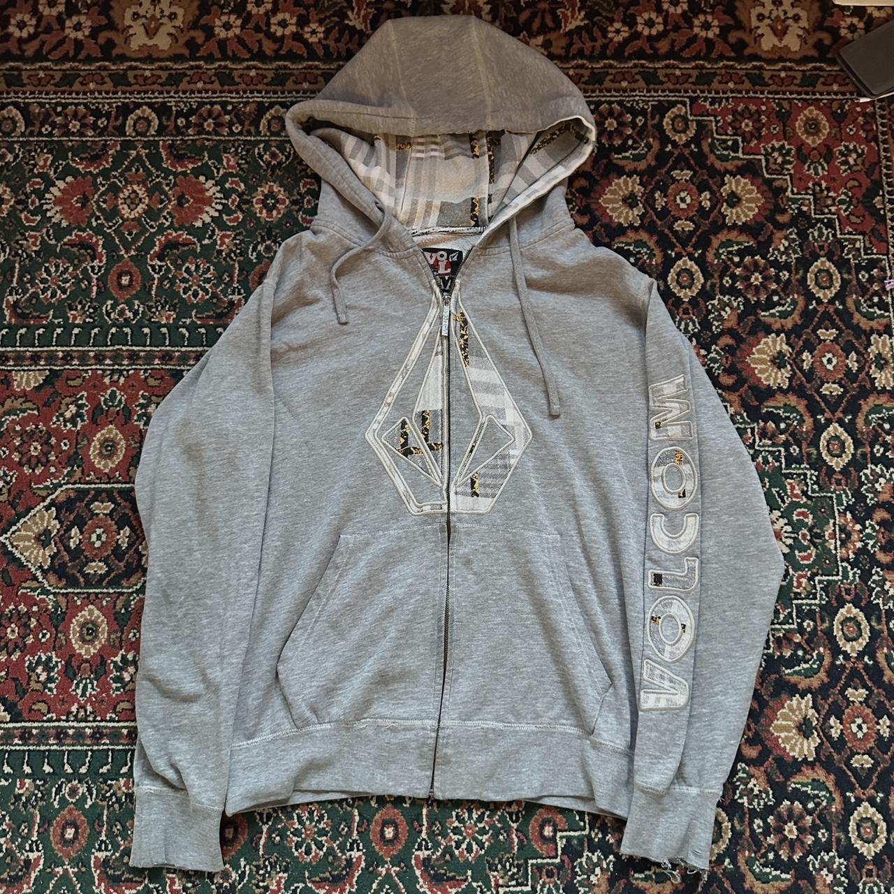 Volcom grey zip up hoodie Has signs of wear, plaid... - Depop