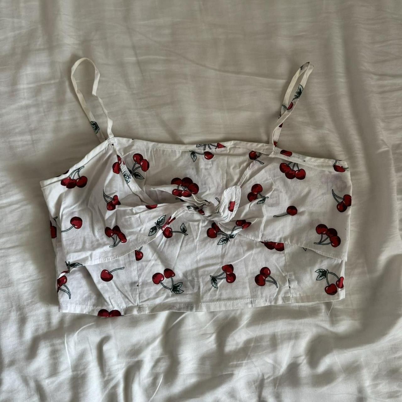 cute cherry print crop invisible zip on side tie... - Depop