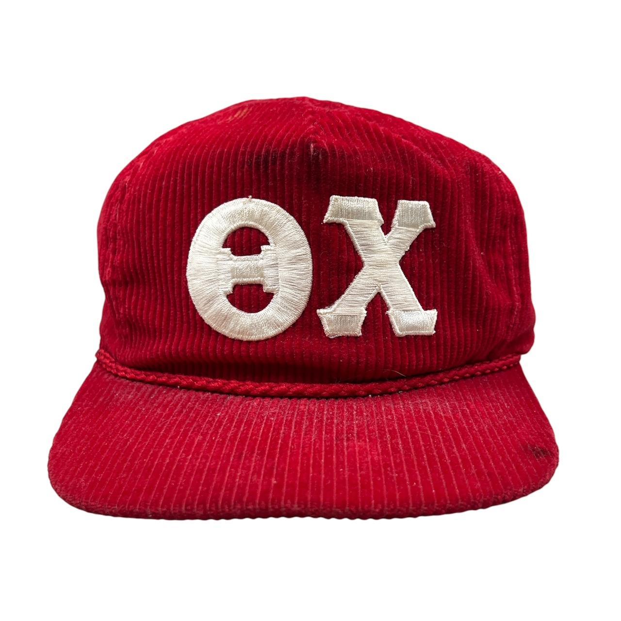 Red Corduroy cap with white embroidered XO - Depop