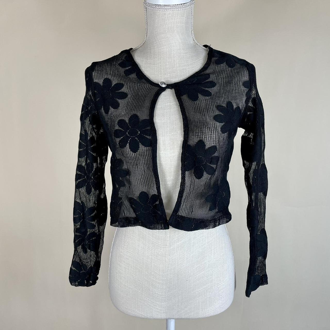 vintage black mesh floral patterned cardigan... - Depop