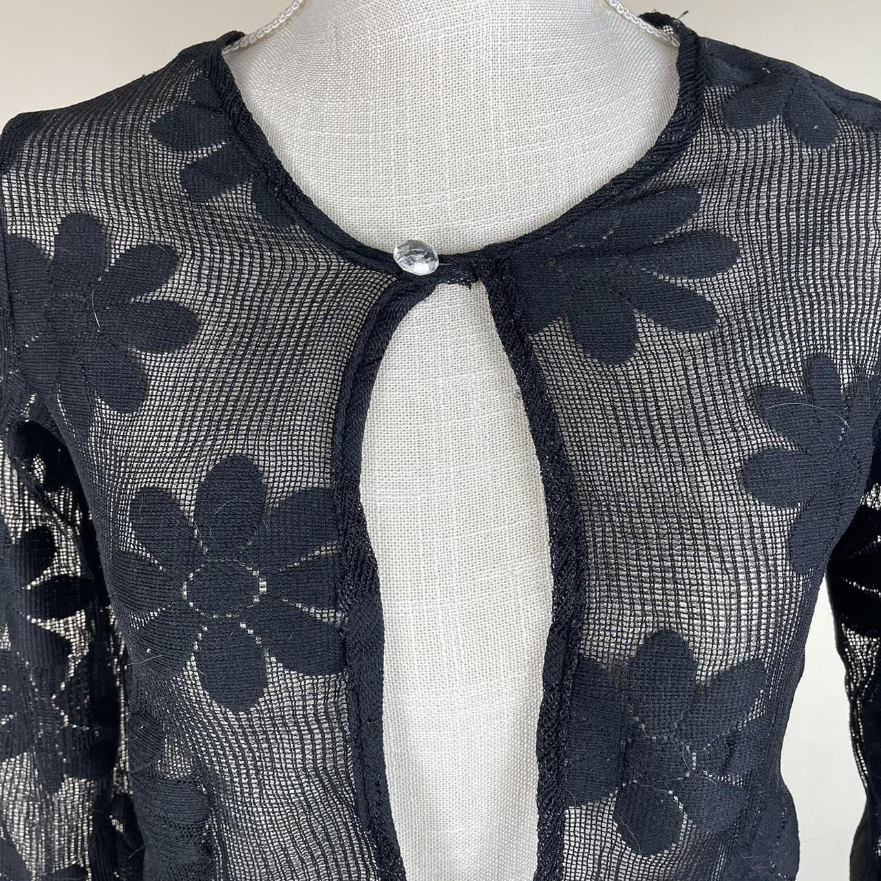vintage black mesh floral patterned cardigan... - Depop