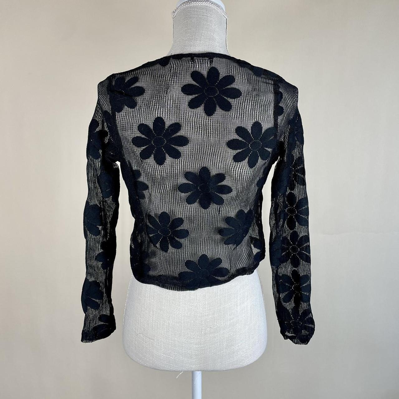 vintage black mesh floral patterned cardigan... - Depop