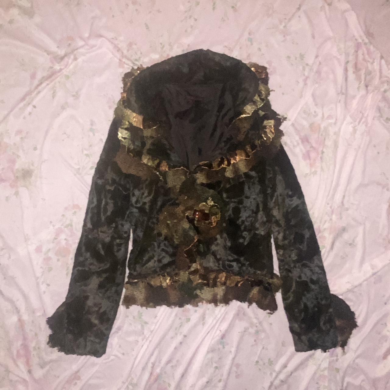 Black and gold velvet jacket with ruffles and a hood... - Depop