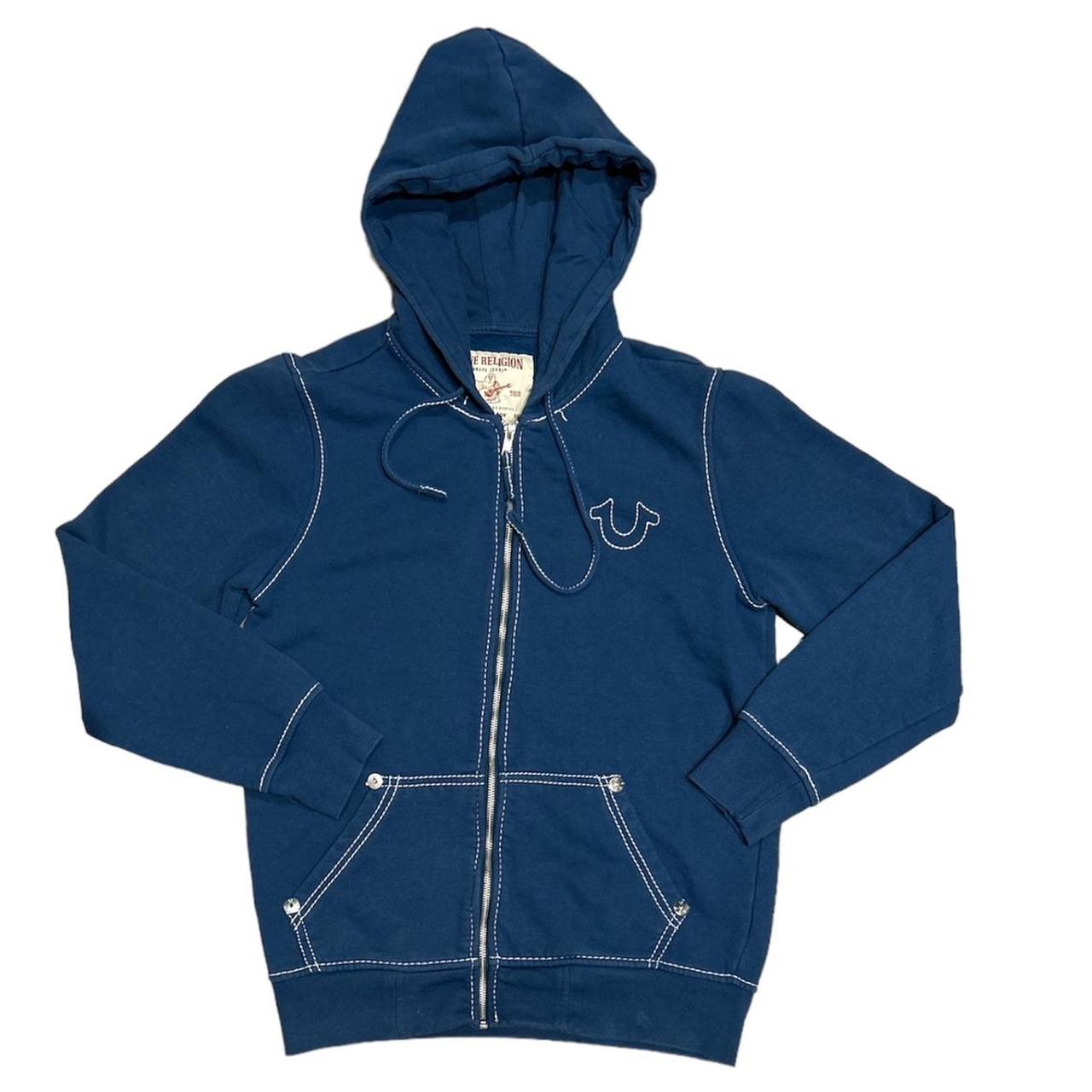 Blue True religion big stitch zip up hoodie... - Depop