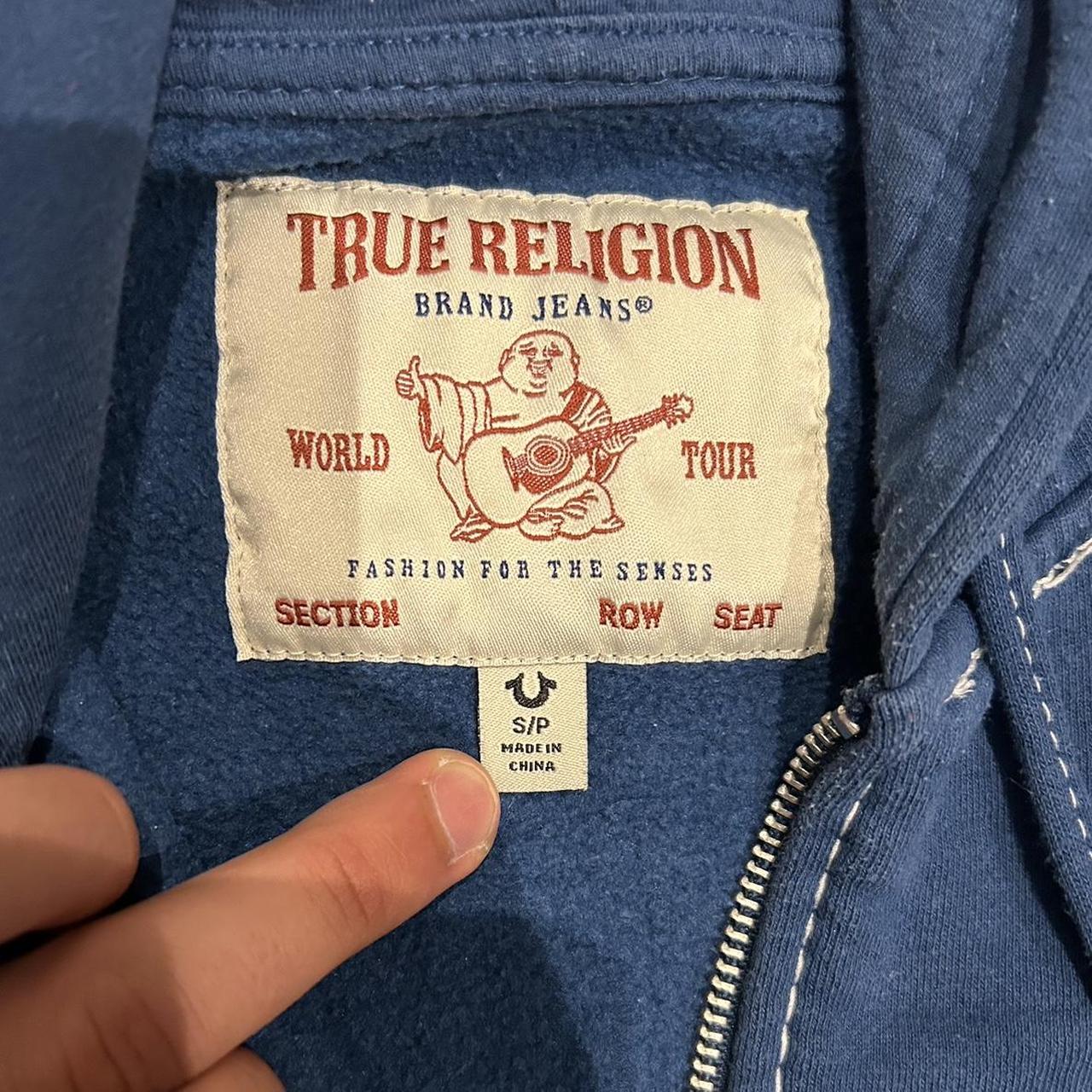 Blue True religion big stitch zip up hoodie... - Depop