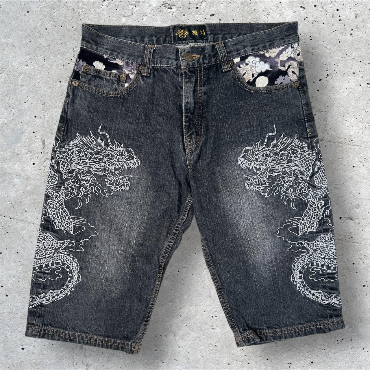 Baggy Japanese double dragon embroidered jorts... | Depop