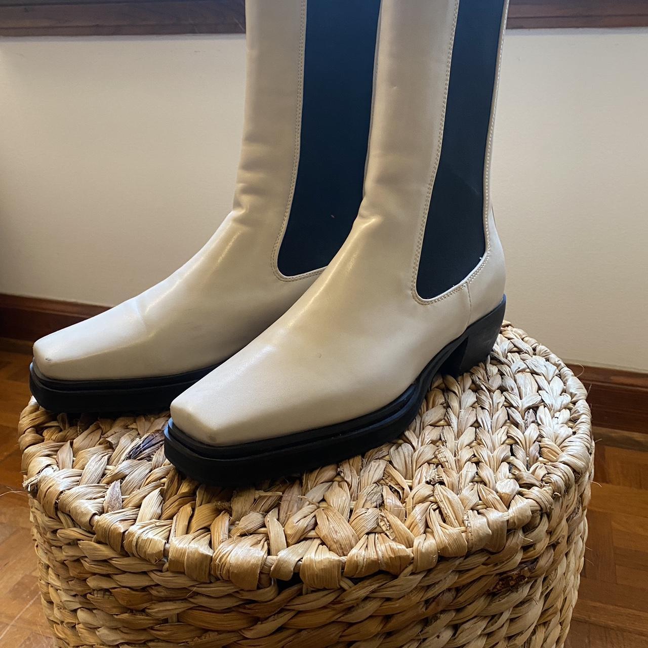 Bone colored leather tall ankle booties with stretch... - Depop