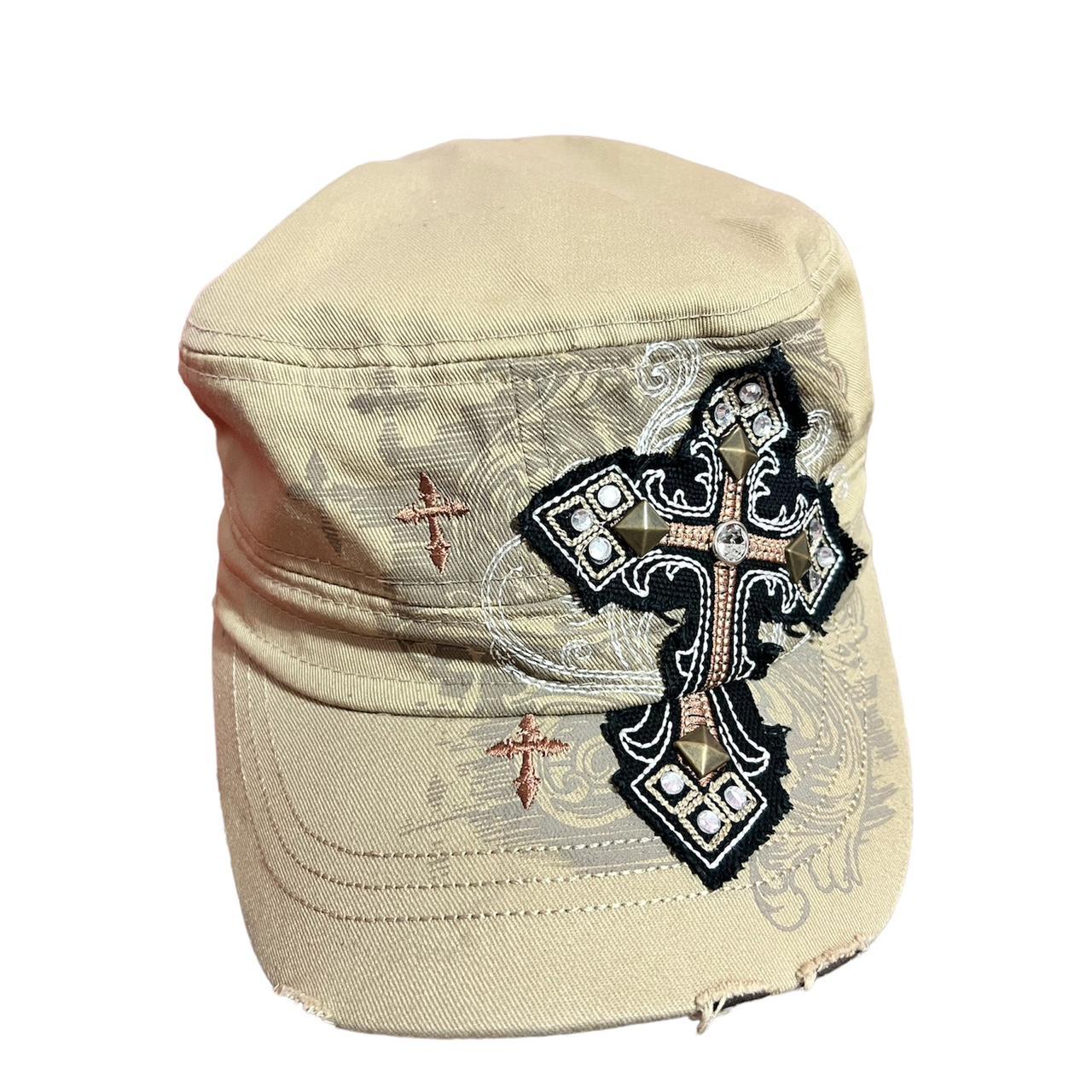 y2k mcbling Leader distressed cross rhinestone tan... - Depop