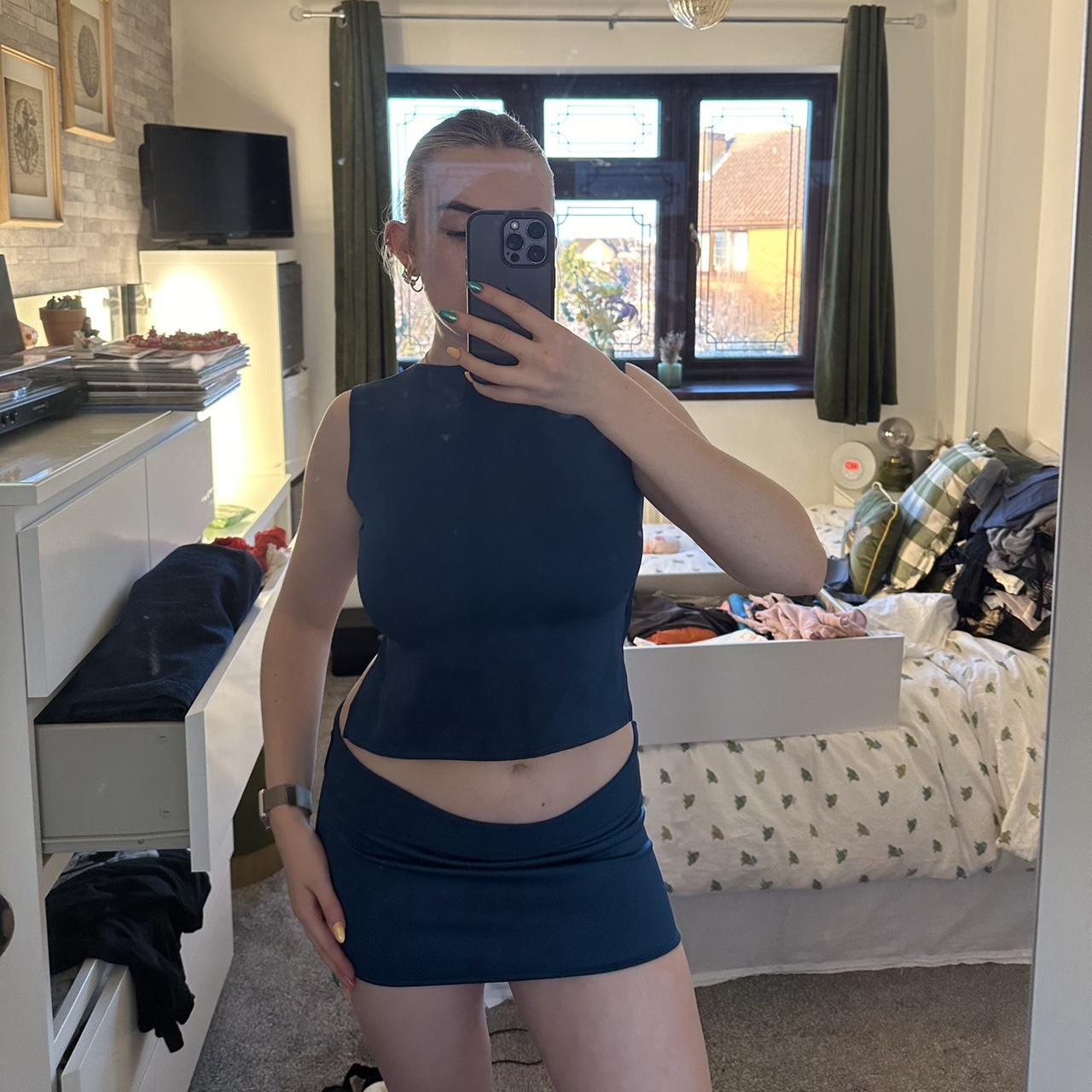 handmade teal blue mini skirt & backless top set... | Depop
