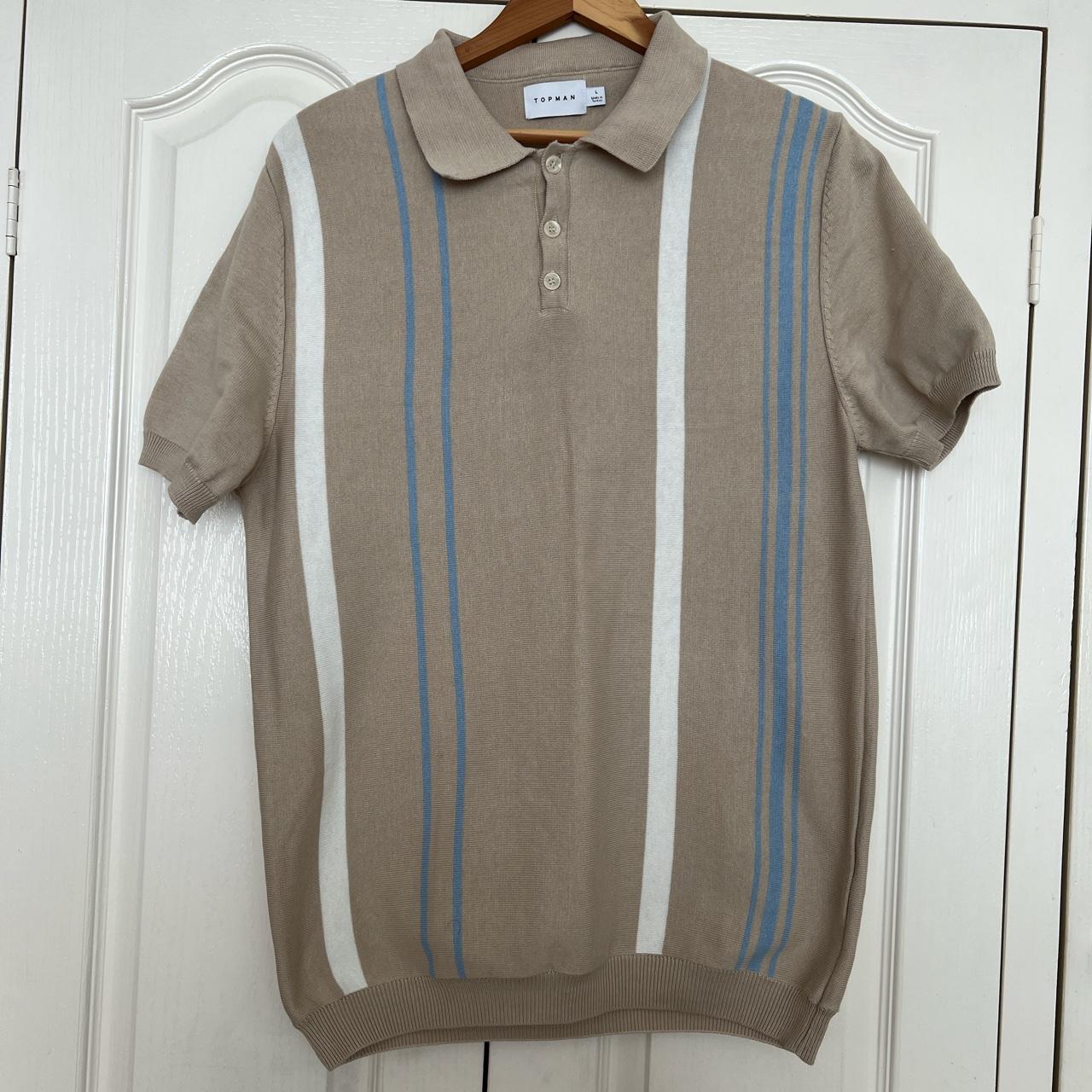 Mens Topman Polo Shirt in Beige with Blue & White... - Depop