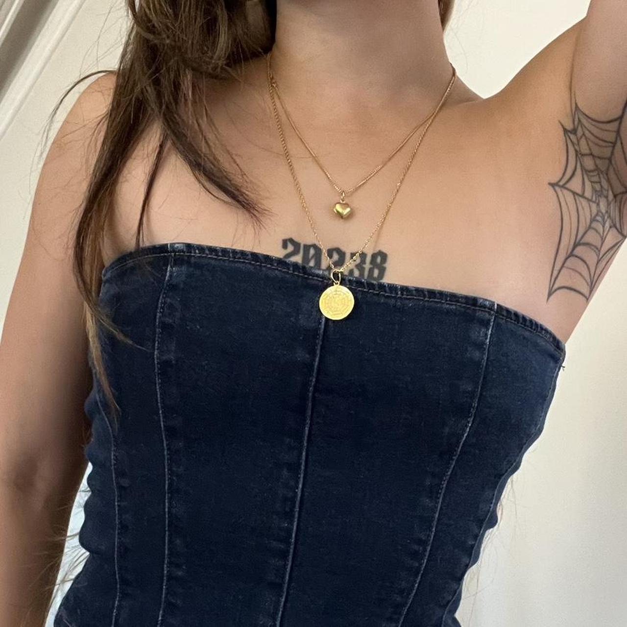 Strapless bandeau bodice blue denim look. Panelled... | Depop