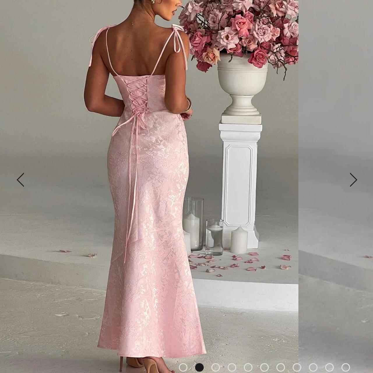 Pink lace dress with corset style tie up back and... - Depop